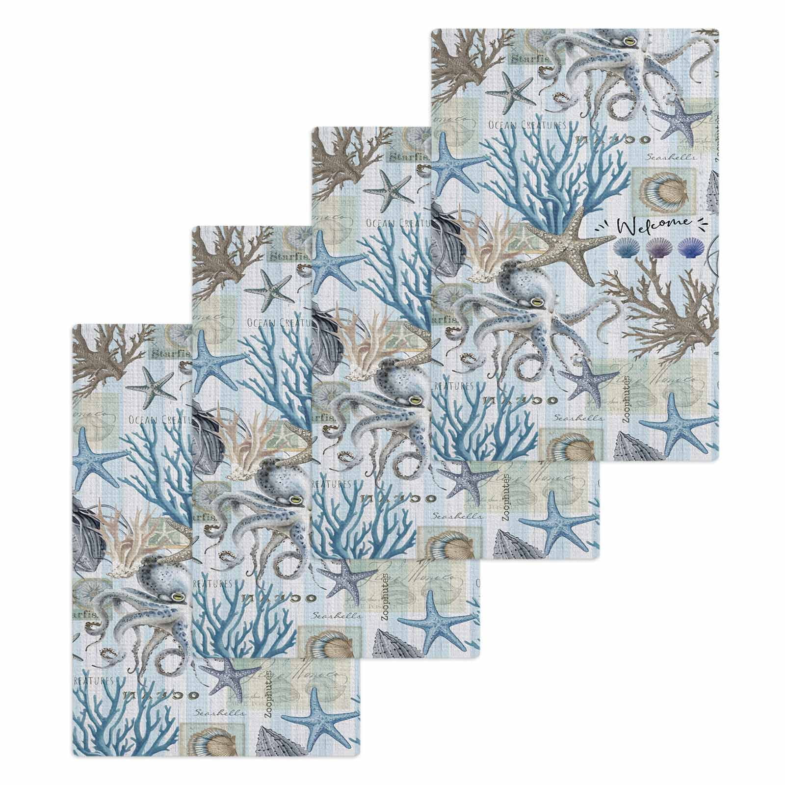 Blue Coastal Hand Towels Set, Waffle Weave Kitchen Towels 4 Pieces ...