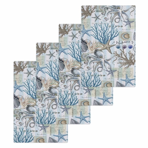 Blue Coastal Hand Towels Set, Waffle Weave Kitchen Towels 4 Pieces ...