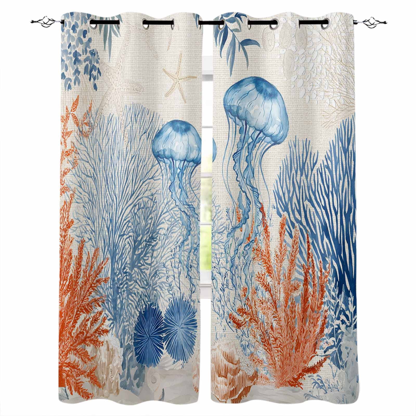 Blue Coastal Jellyfish Kitchen Curtains Country Nautical Ocean ...