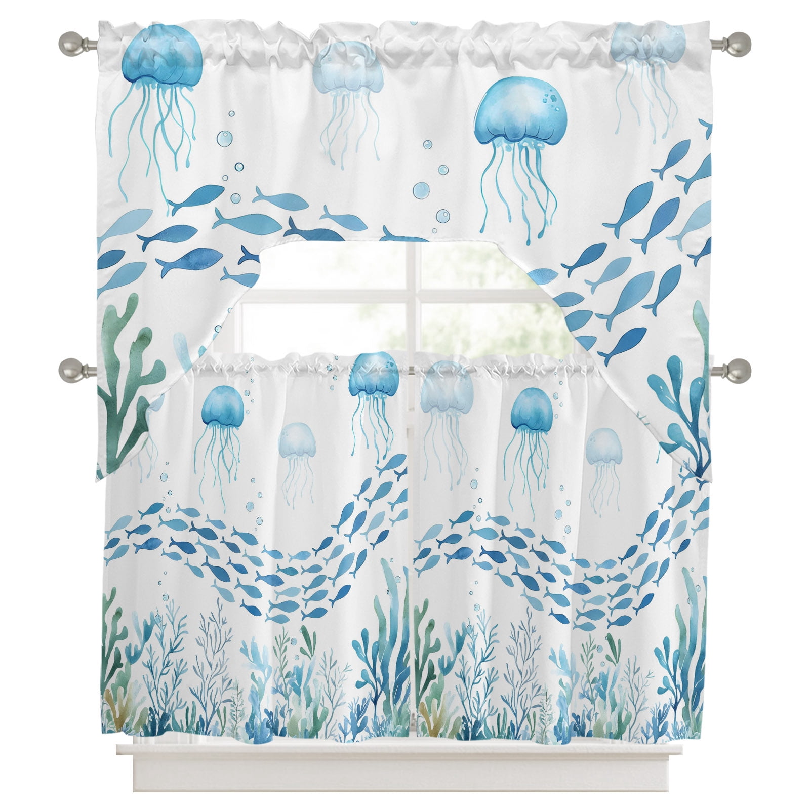 Blue Coastal Jellyfish Kitchen Curtains Swag Valance and Tier Curtains ...
