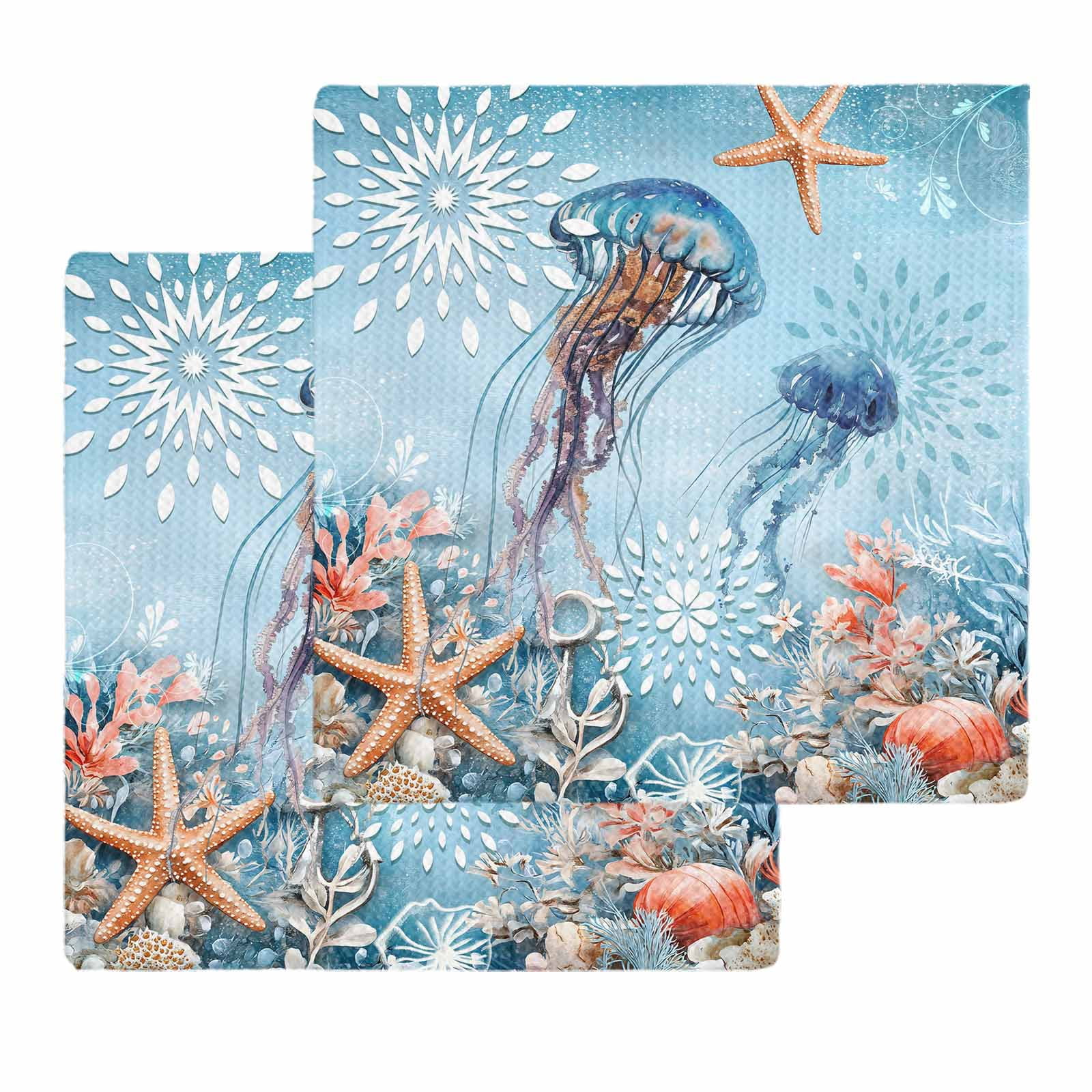 Blue Coastal Jellyfish Kitchen Dish Towels for Drying Dishes Set of 2 ...