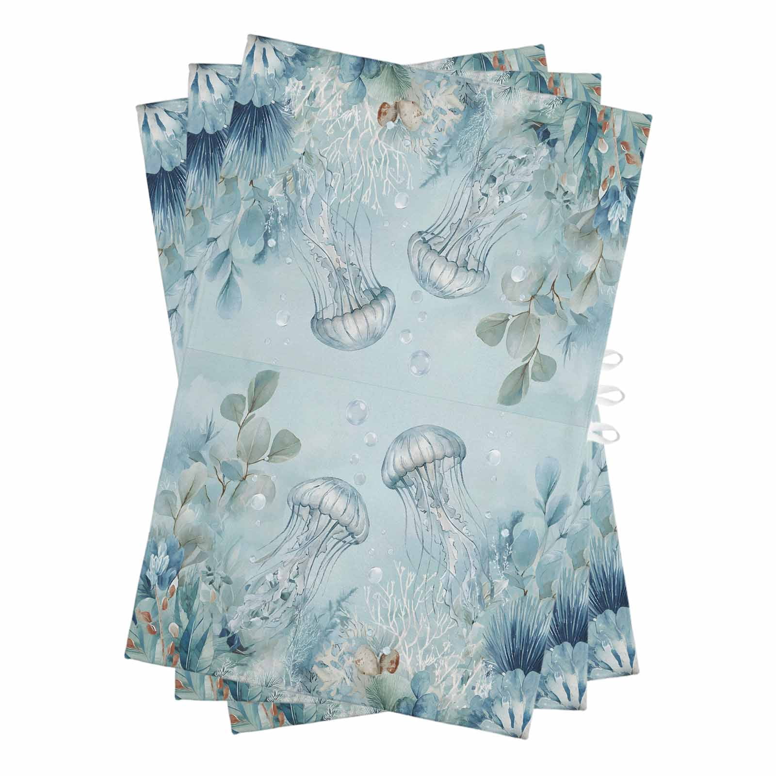 Blue Coastal Jellyfish Kitchen Towels Set of 3, Water Absorbent Dish ...
