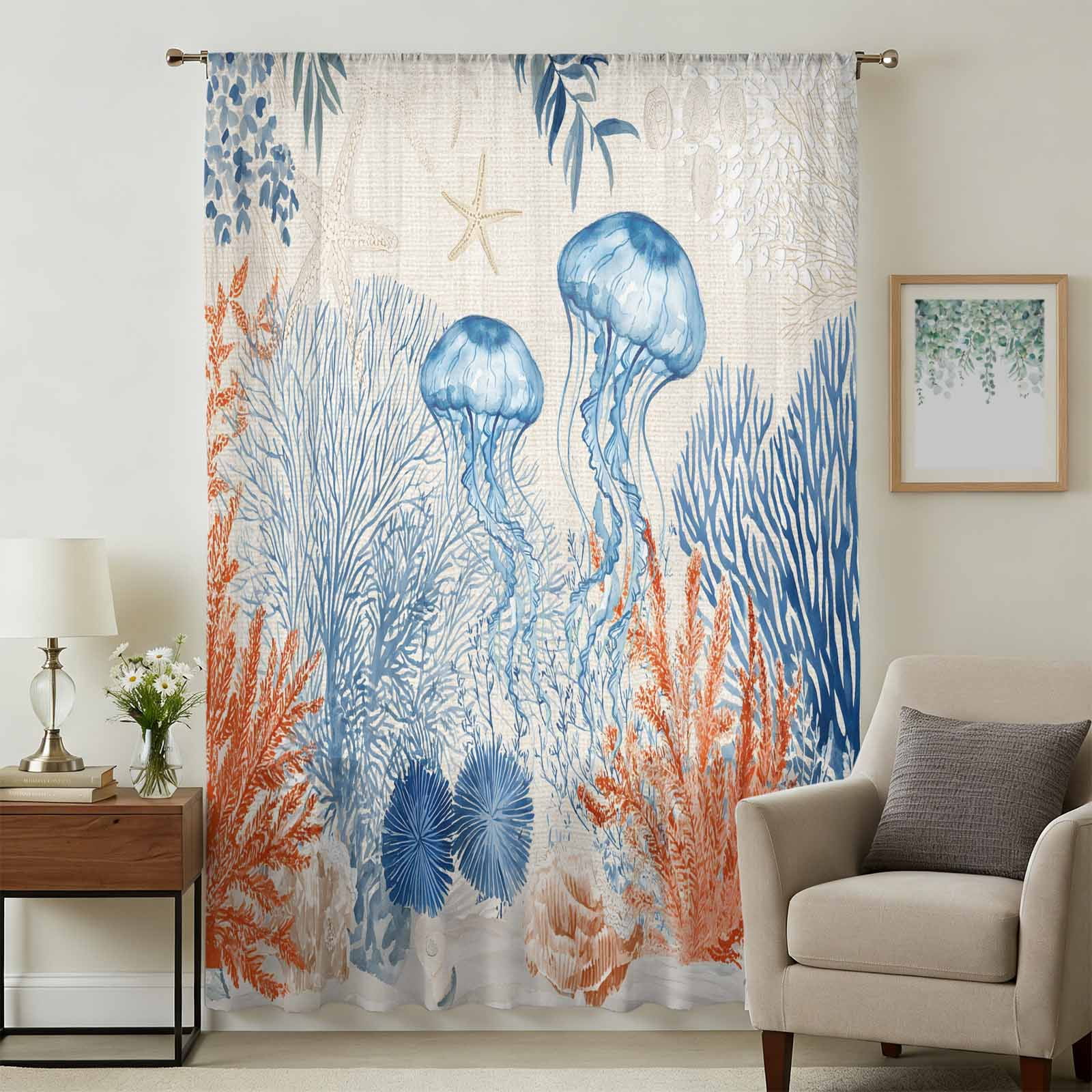 Blue Coastal Jellyfish Sheer Curtains 72 Inches Long for Living Room ...