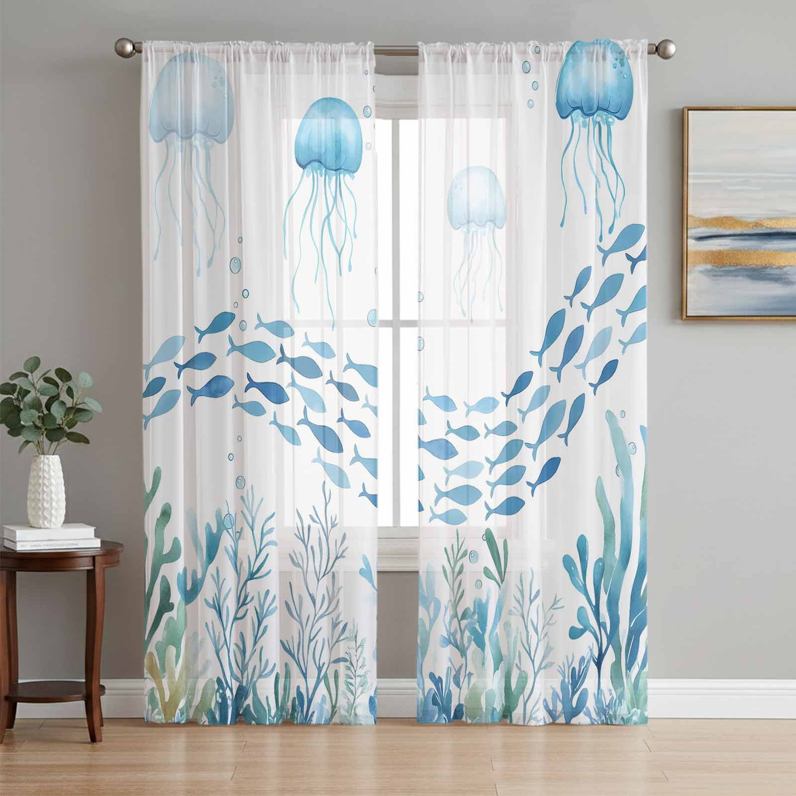 Blue Coastal Jellyfish Sheer Curtains for Living Room Bedroom Fish ...