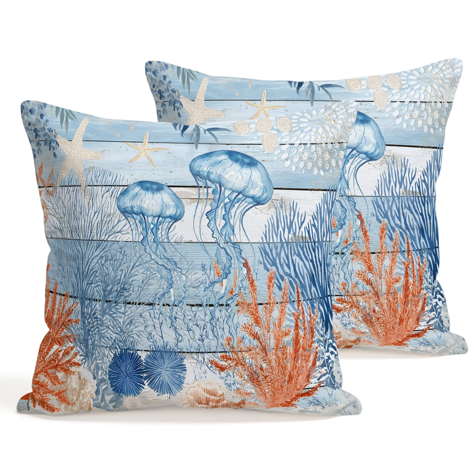 Blue Coastal Jellyfish Throw Pillow Covers 18 x 18 Inch Pillow Covers ...