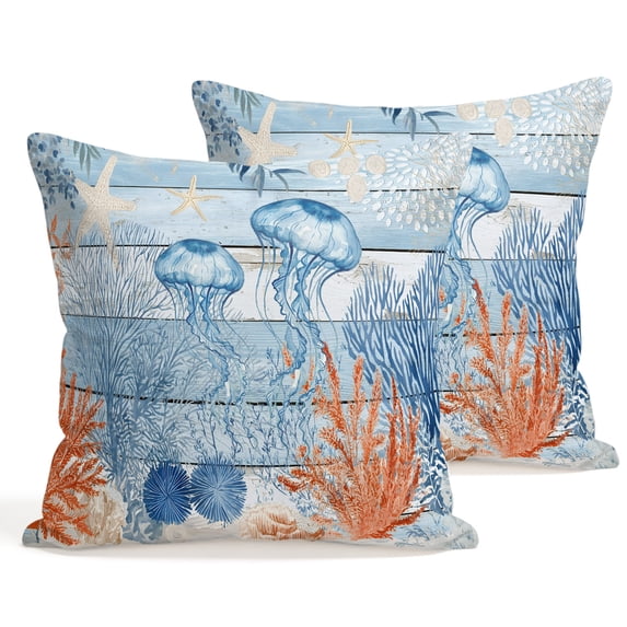 Blue Coastal Jellyfish Throw Pillow Covers 18 x 18 Inch Pillow Covers ...