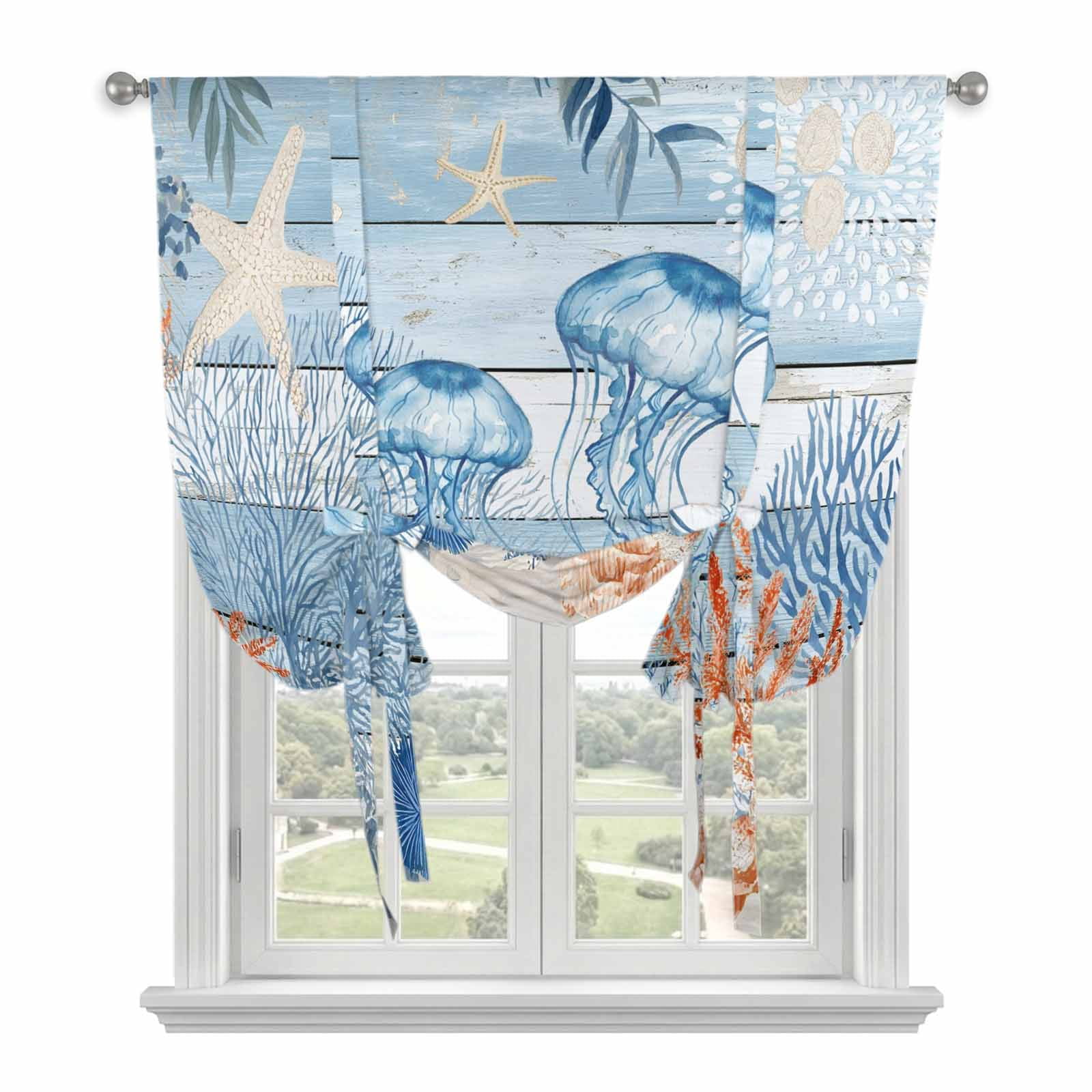 Blue Coastal Jellyfish Tie Up Curtains for Window, Thermal Insulated ...