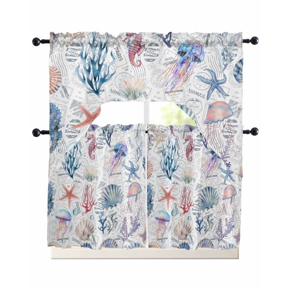 Blue Coastal Kitchen Curtain and Valance Set 3 Pieces,Rod Pocket Short ...