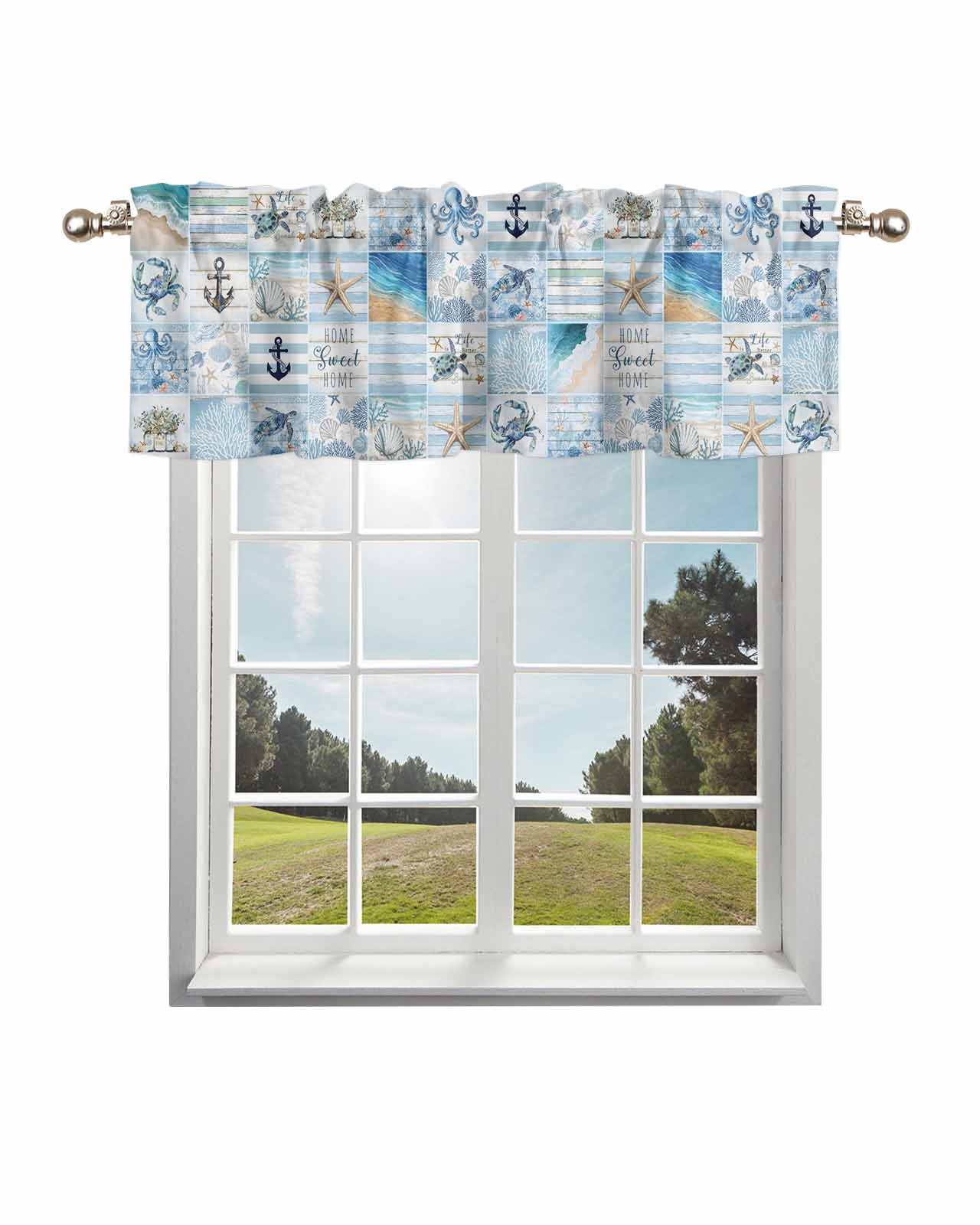 Blue Coastal Kitchen Curtain Valances for Windows Farmhouse Short ...