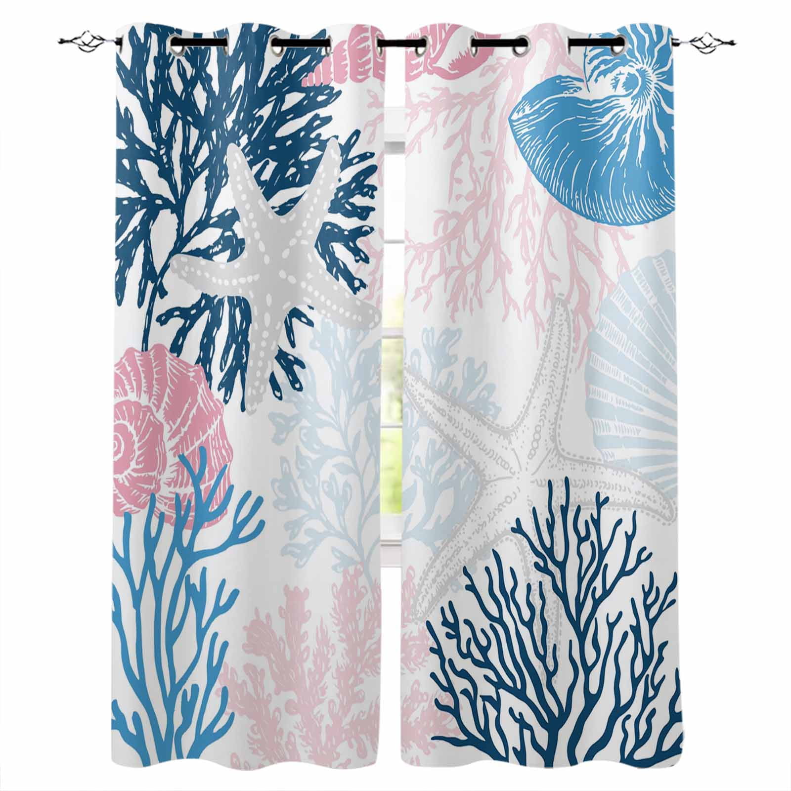 Blue Coastal Kitchen Curtains Grey Red Pink Coral Starfish Nautical ...