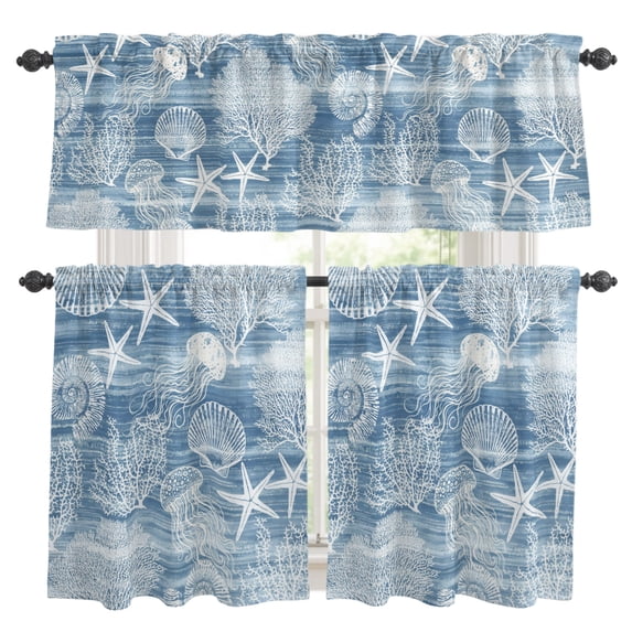 Blue Coastal Kitchen Curtains Set for Windows, Nautical Starfish ...