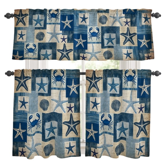 Blue Coastal Kitchen Curtains Set for Windows, Summer Ocean Shell Crab ...