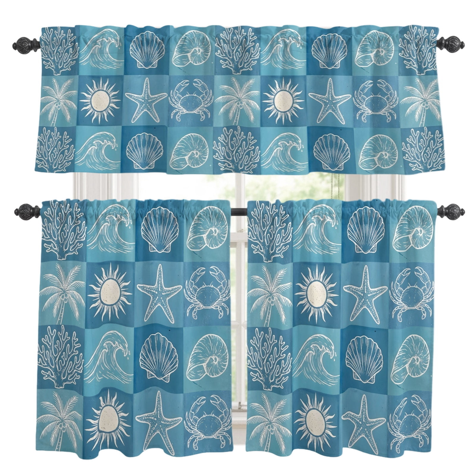 Blue Coastal Kitchen Curtains Set for Windows, Summer Ocean Waves Shell ...