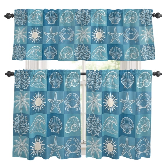 Blue Coastal Kitchen Curtains Set for Windows, Summer Ocean Waves Shell ...