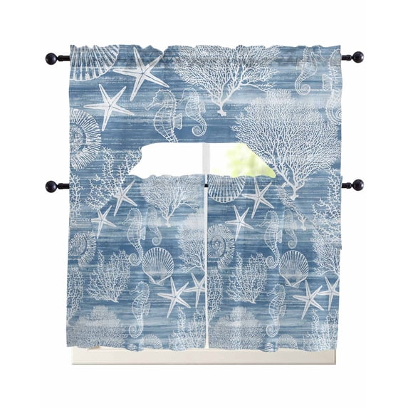 Blue Coastal Kitchen Curtains Sets 24 Inch Length with Valance ...