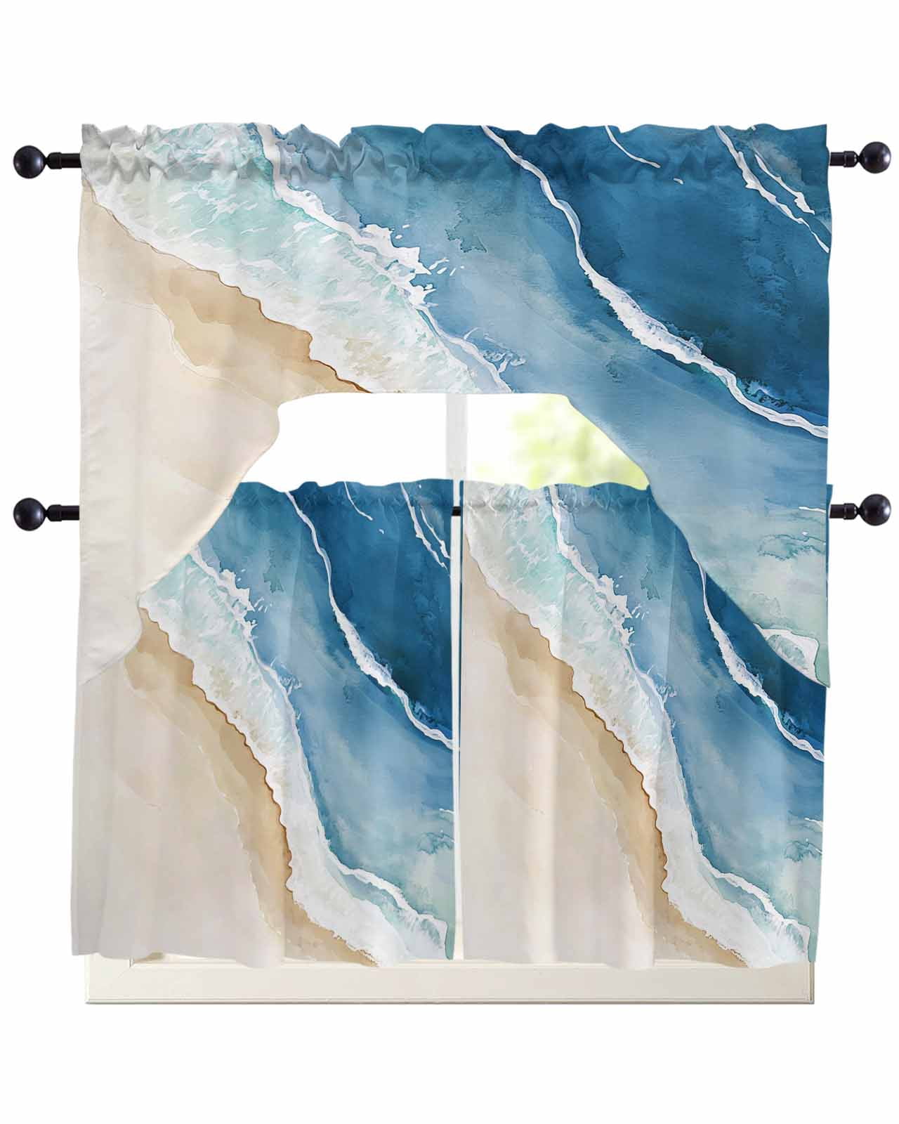 Blue Coastal Kitchen Curtains Sets 24 Inch Length with Valance, Summer ...
