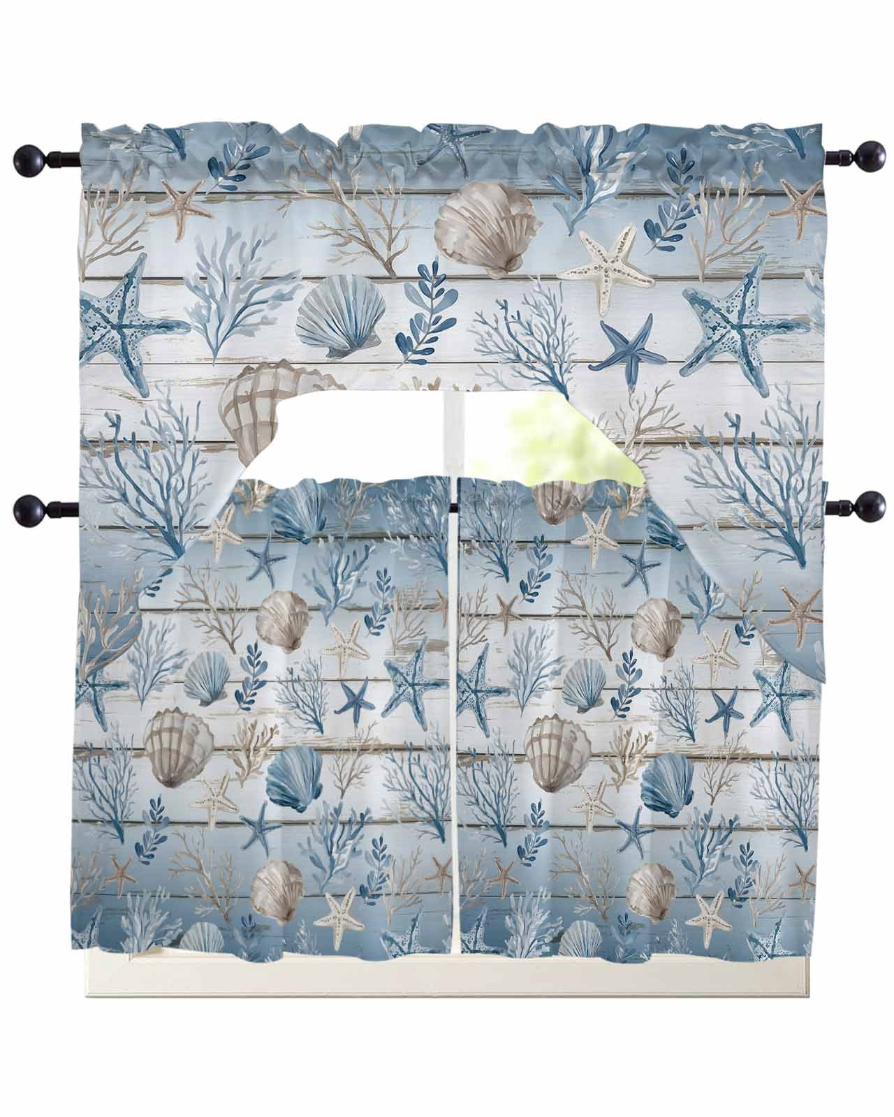 Blue Coastal Kitchen Curtains Sets 36 Inch Length with Valance, Beach ...