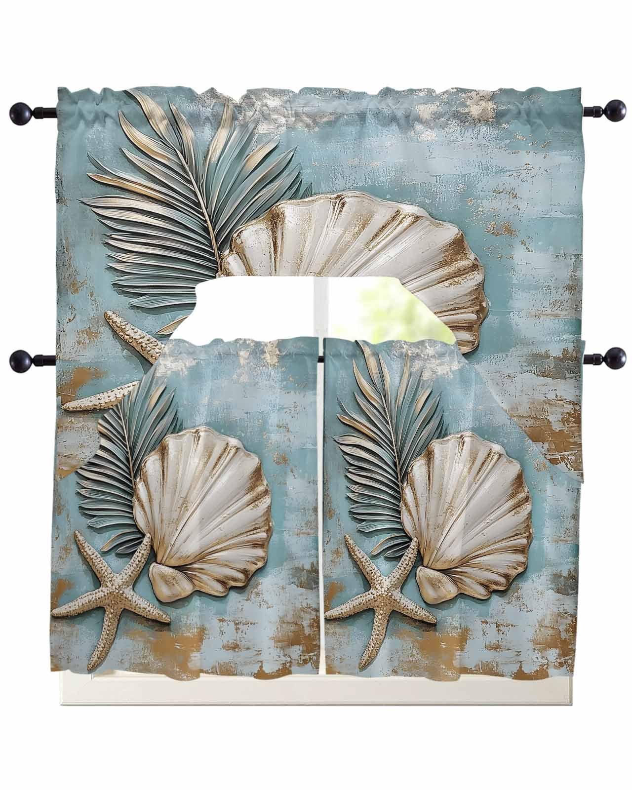 Blue Coastal Kitchen Curtains Sets 36 Inch Length with Valance, Vintage ...