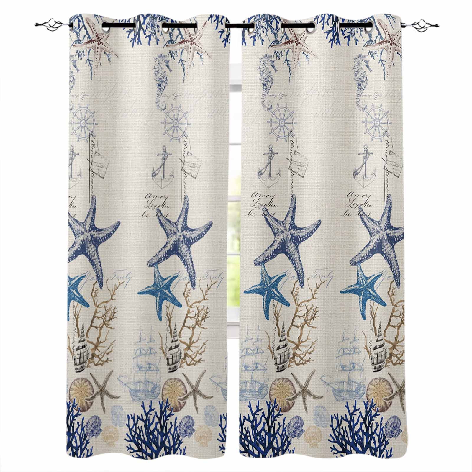 Blue Coastal Kitchen Curtains Summer Starfish Beach Nautical Coral ...