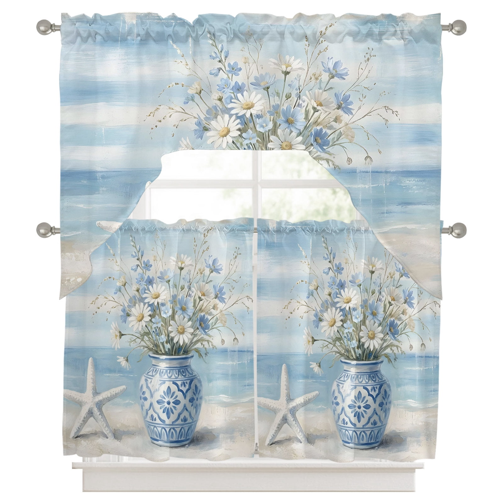 Blue Coastal Kitchen Curtains Swag Valance and Tier Curtains Set 24 ...