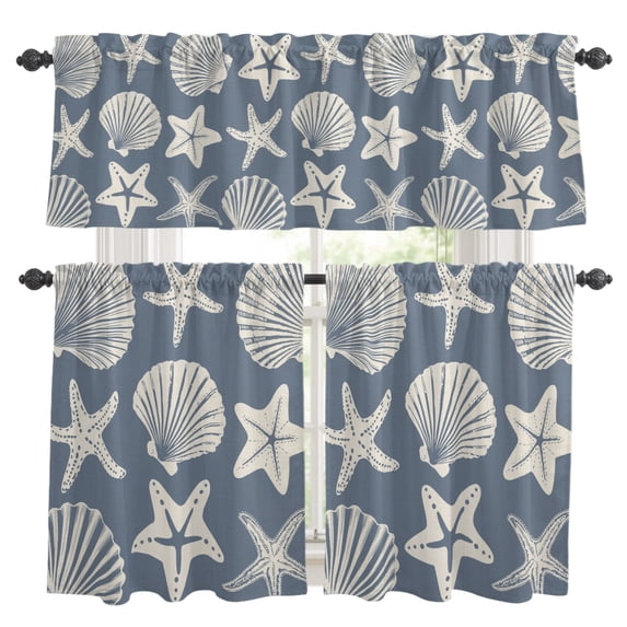Blue Coastal Kitchen Curtains Valance and Tier Set Starfish Shell Ocean ...