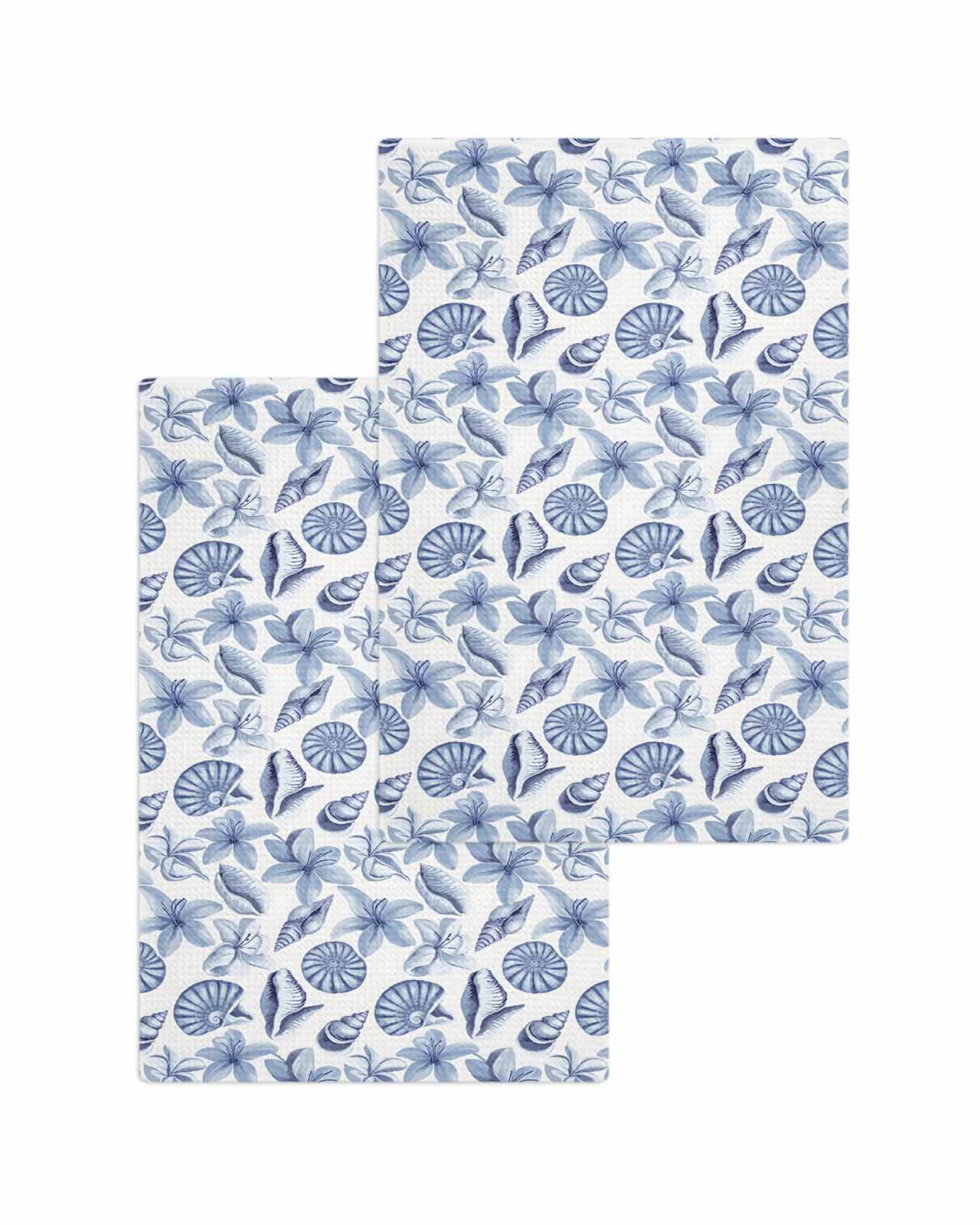 Blue Coastal Kitchen Dish Towels for Drying Dishes Set of 2, Shell Floral Ocean Retro Waffle ...