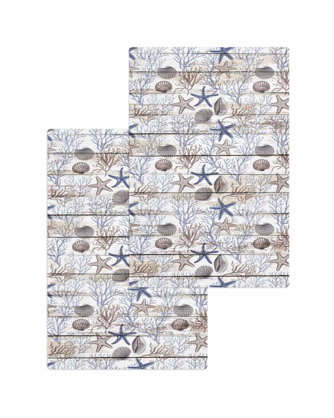 Blue Coastal Kitchen Dish Towels for Drying Dishes Set of 2, Starfish Shell Coral Ocean Wooden ...