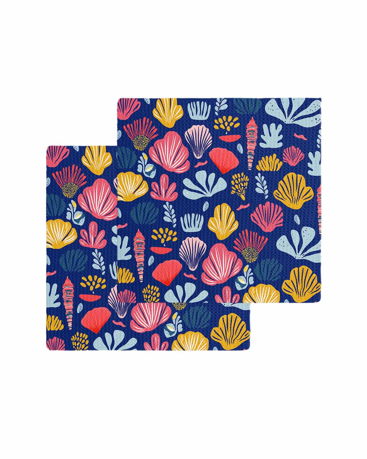 Blue Coastal Kitchen Dish Towels for Drying Dishes Set of 2, Watercolor Summer Ocean Seashells ...