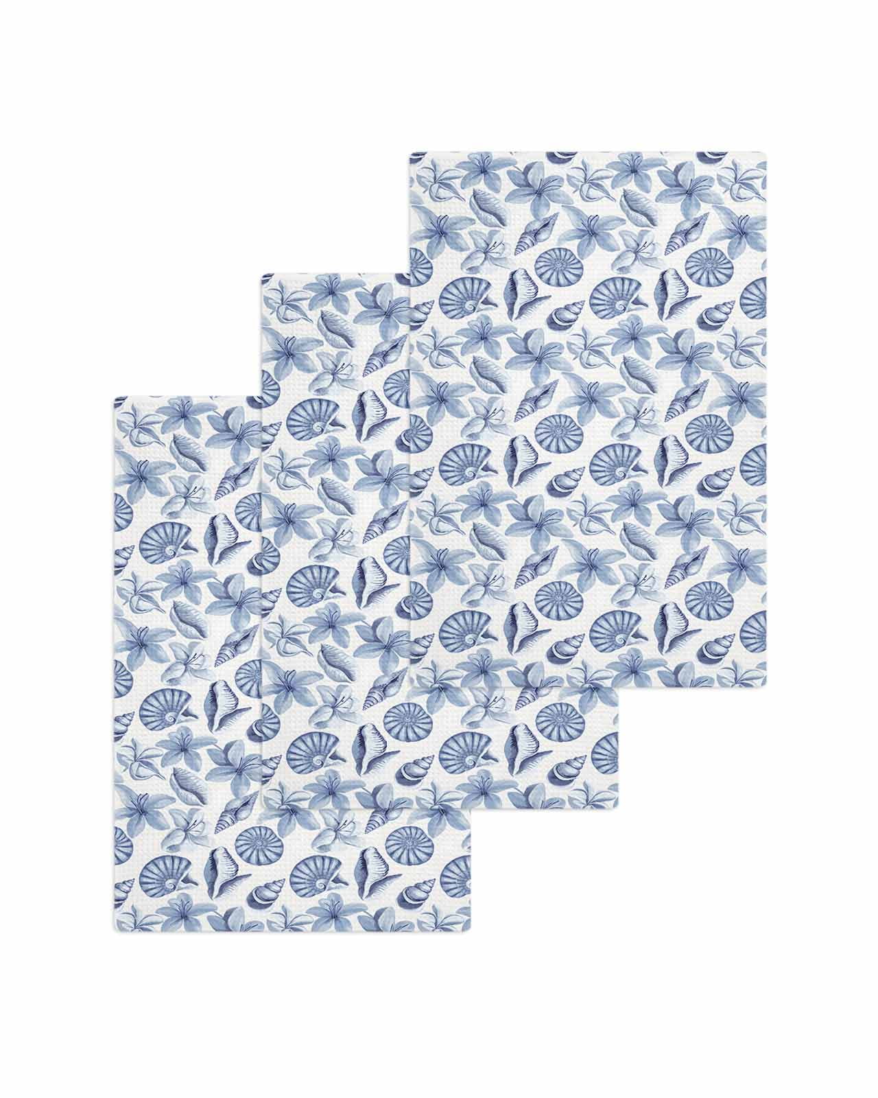 Blue Coastal Kitchen Dish Towels for Drying Dishes Set of 3, Shell Floral Ocean Retro Waffle ...