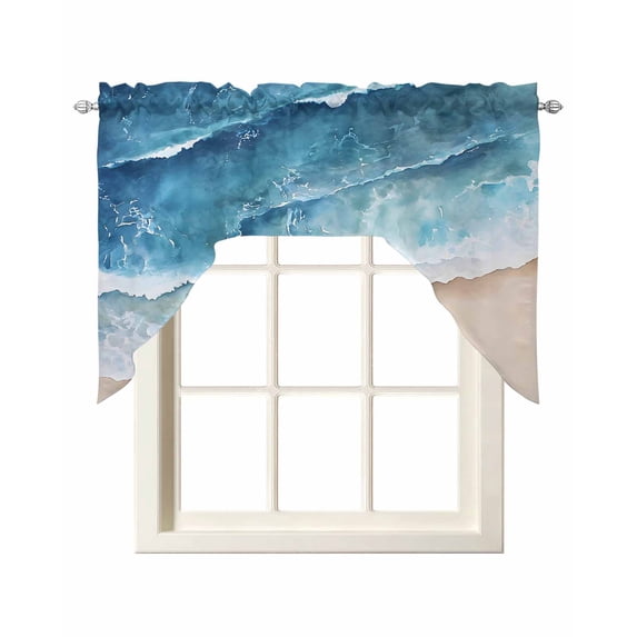 Blue Coastal Kitchen Swag Valance for Window, Rod Pocket Short Kitchen ...