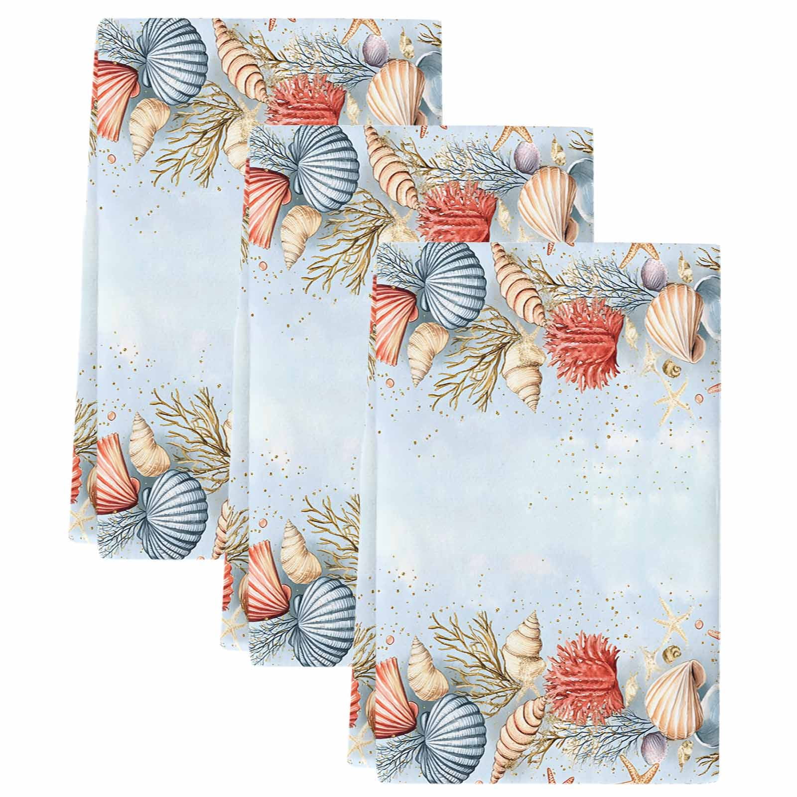 Blue Coastal Kitchen Towels Set of 3, Summer Beach Starfish Shell Coral ...