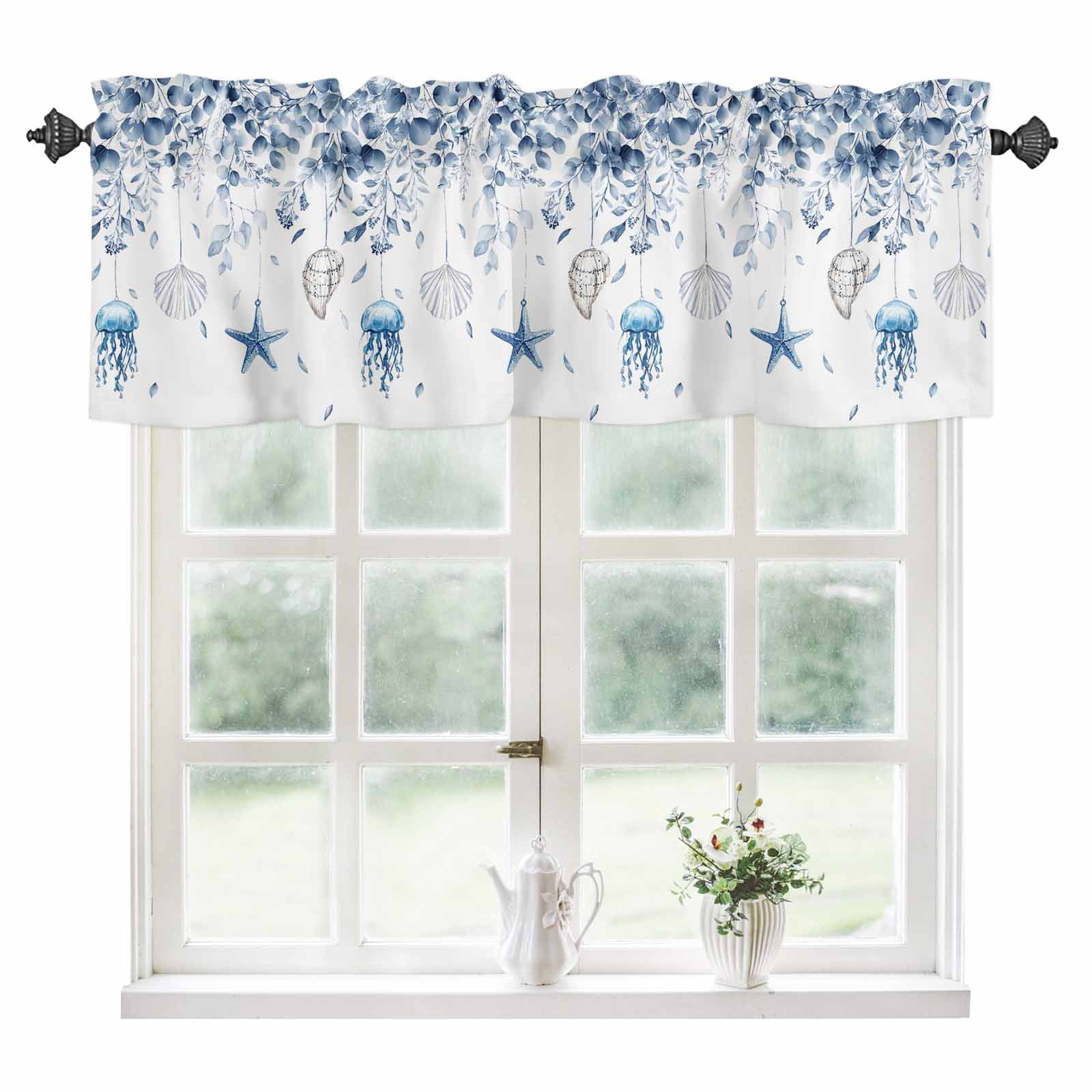 Blue Coastal Kitchen Valances for Windows 42x12 Inch Kitchen Curtains ...