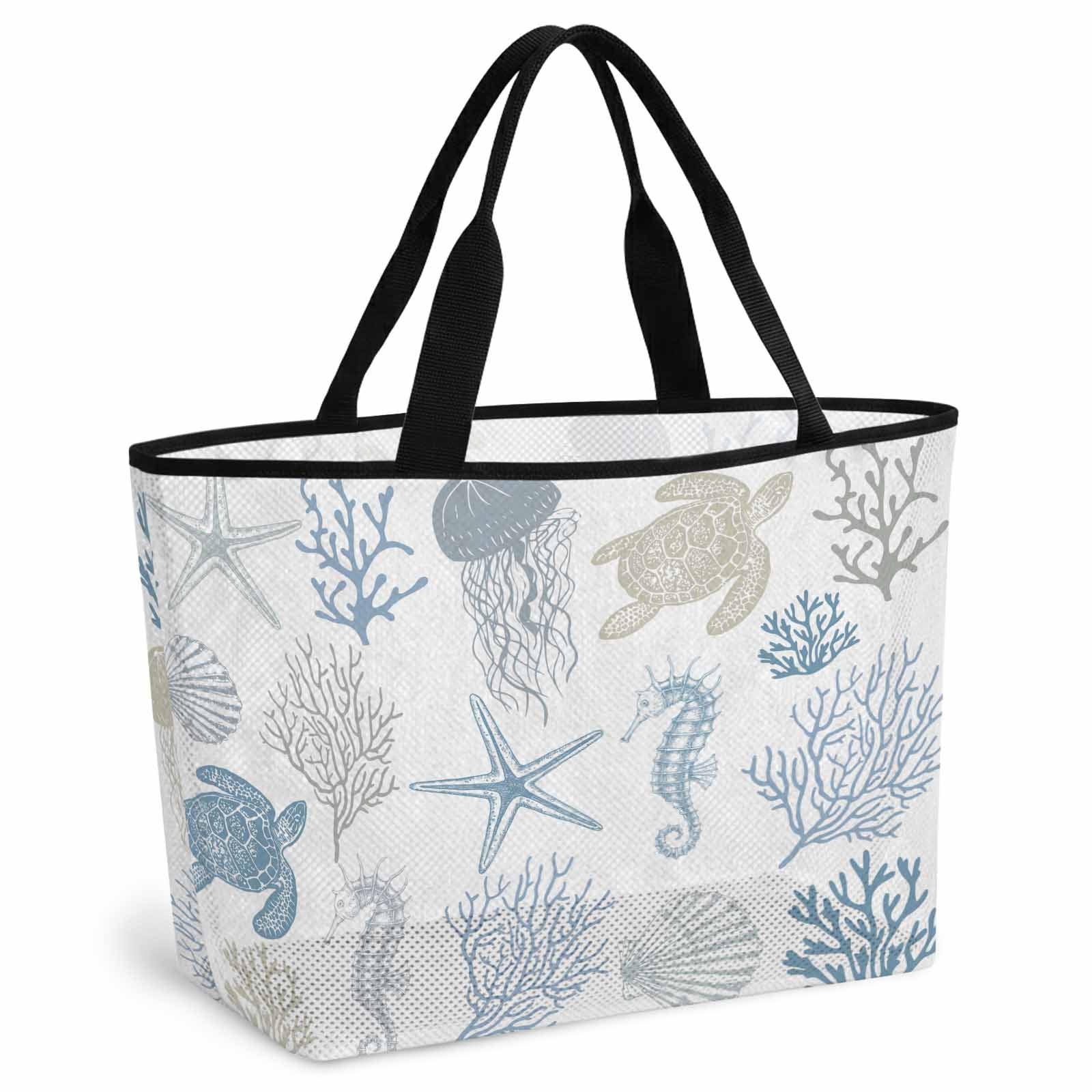 Blue Coastal Mesh Beach Bag for Women Men,Large Beach Tote Waterproof ...