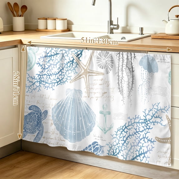 Blue Coastal Nautical Cabinet Curtain 28"W x 51"L, Beach Sea Turtle ...