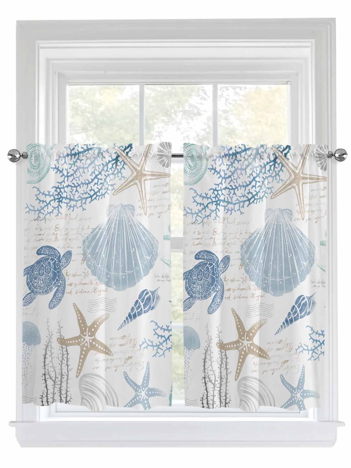 Blue Coastal Nautical Kitchen Curtains 54 Inch Length, Beach Sea Turtle ...
