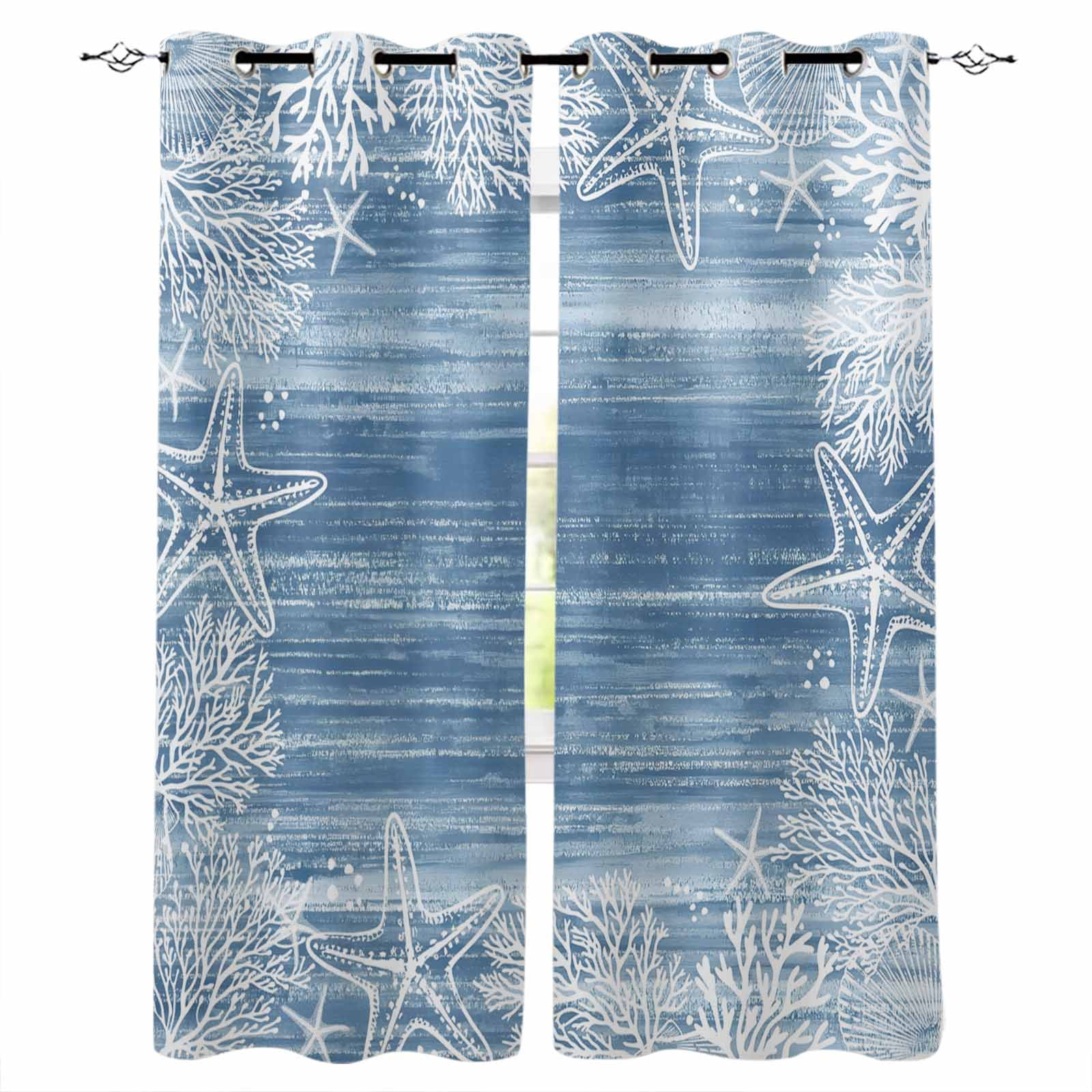 Blue Coastal Nautical Kitchen Curtains Summer Ocean Sea Waves Starfish ...