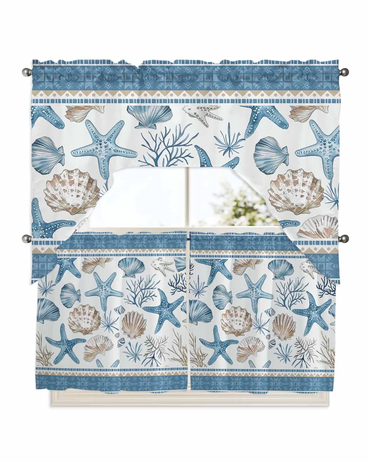 Blue Coastal Nautical Kitchen Curtains Swag Valance and Tier Curtains ...