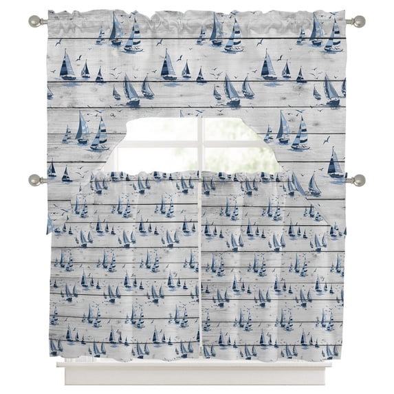 Blue Coastal Nautical Kitchen Curtains Swag Valance and Tier Curtains ...