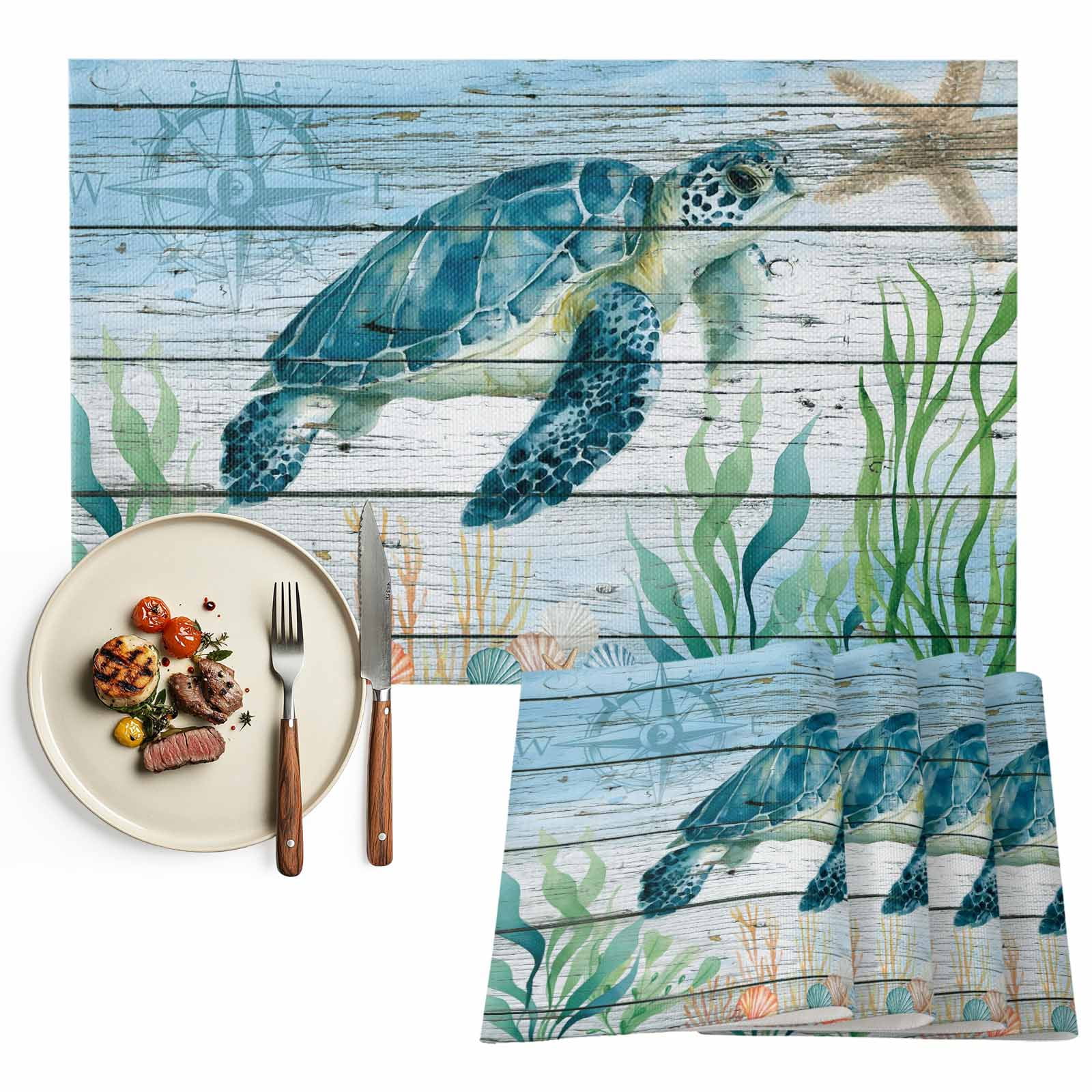 Blue Coastal Nautical Ocean Placemats Set of 2, Sea Turtle on Wood ...