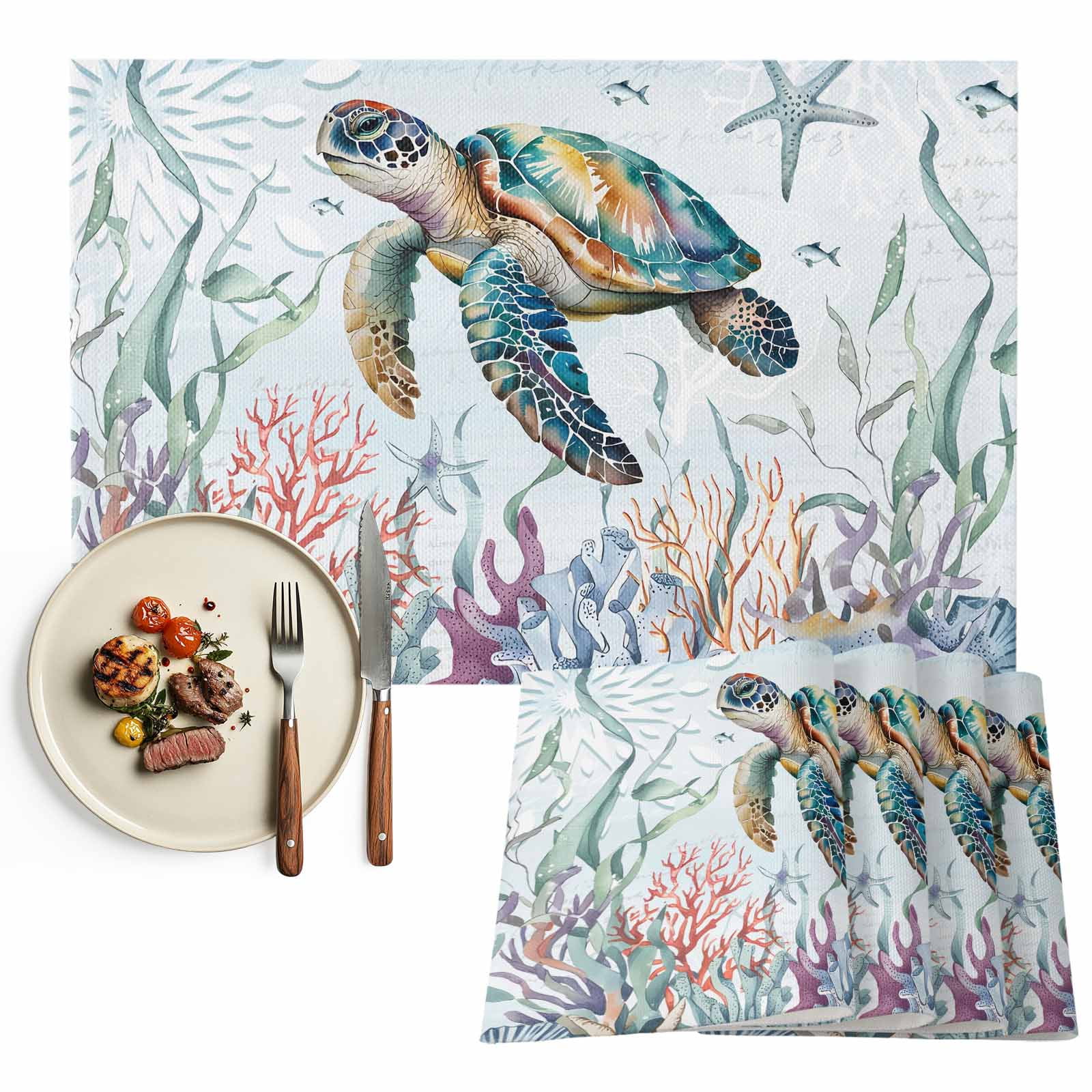 Blue Coastal Nautical Ocean Placemats Set of 6, Sea Turtle Coral Table ...