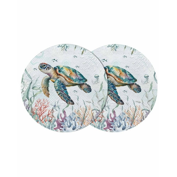 Blue Coastal Nautical Ocean Round Table Placemats set of 2, Sea Turtle ...
