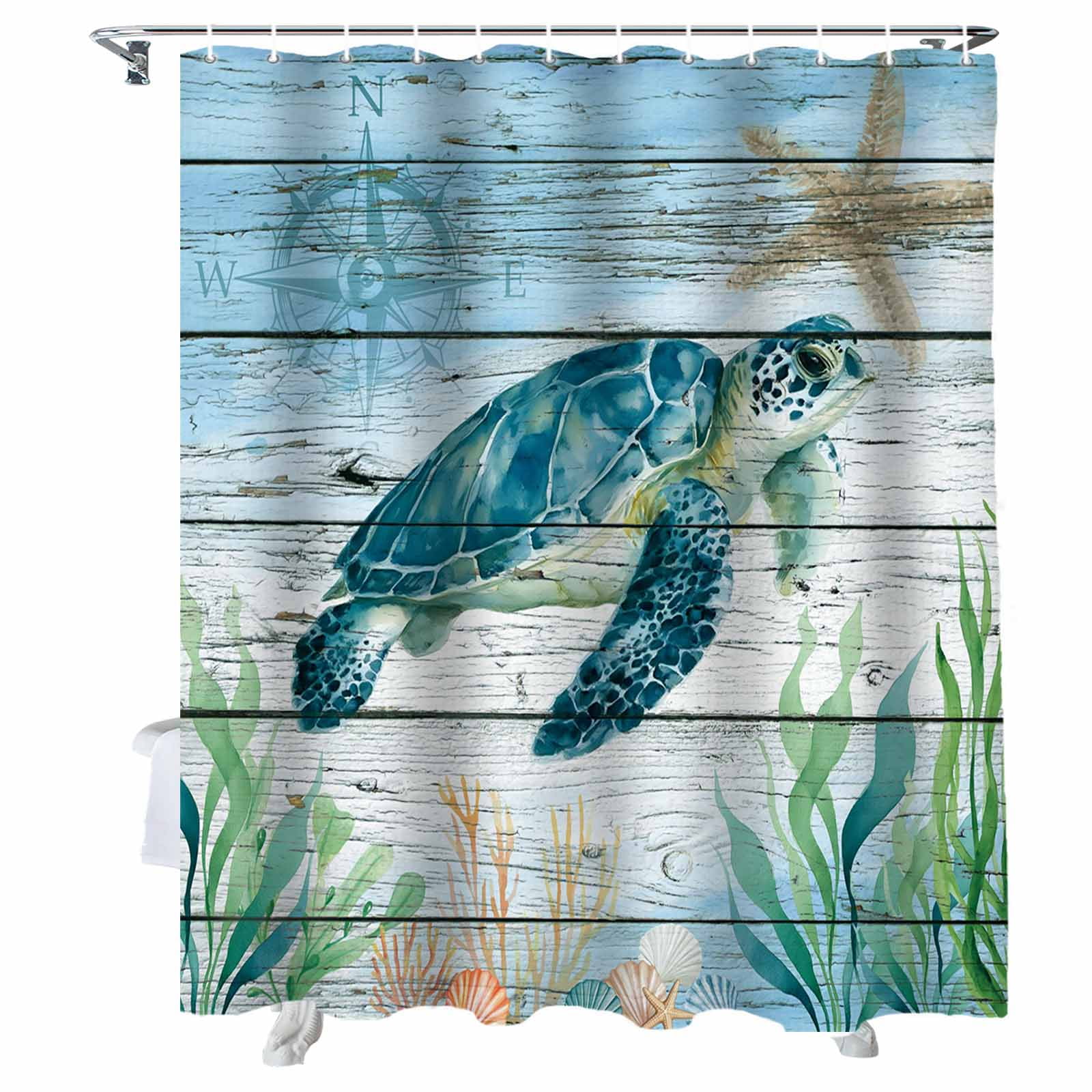 Blue Coastal Nautical Ocean Shower Curtain, Sea Turtle on Wood Texture ...