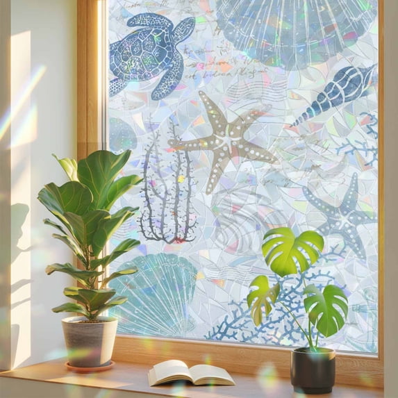 Blue Coastal Nautical Privacy Window Film,Decorative Stained Glass ...
