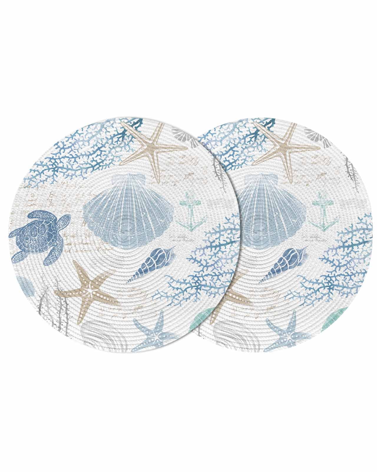 Blue Coastal Nautical Round Placemats Set of 2, Braided Polypropylene ...