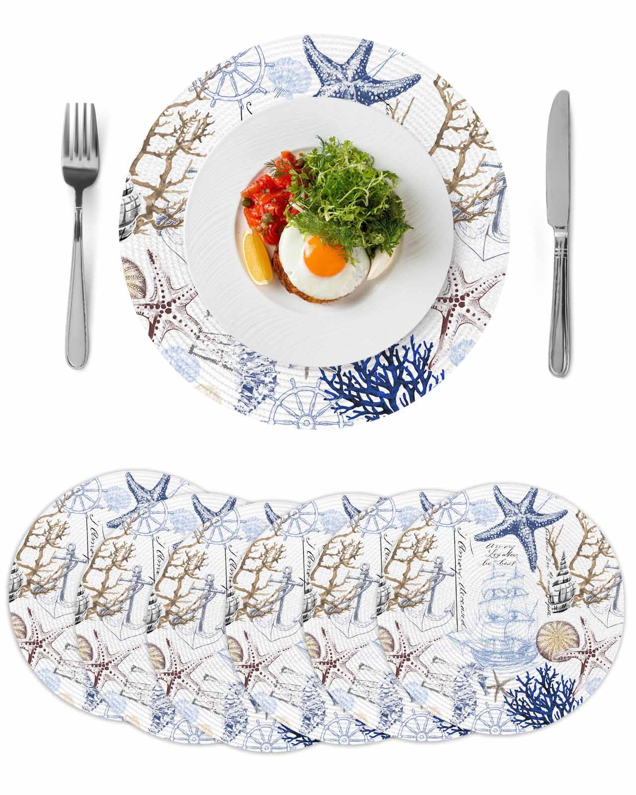 Blue Coastal Nautical Round Table Placemats set of 6, Shell Starfish ...