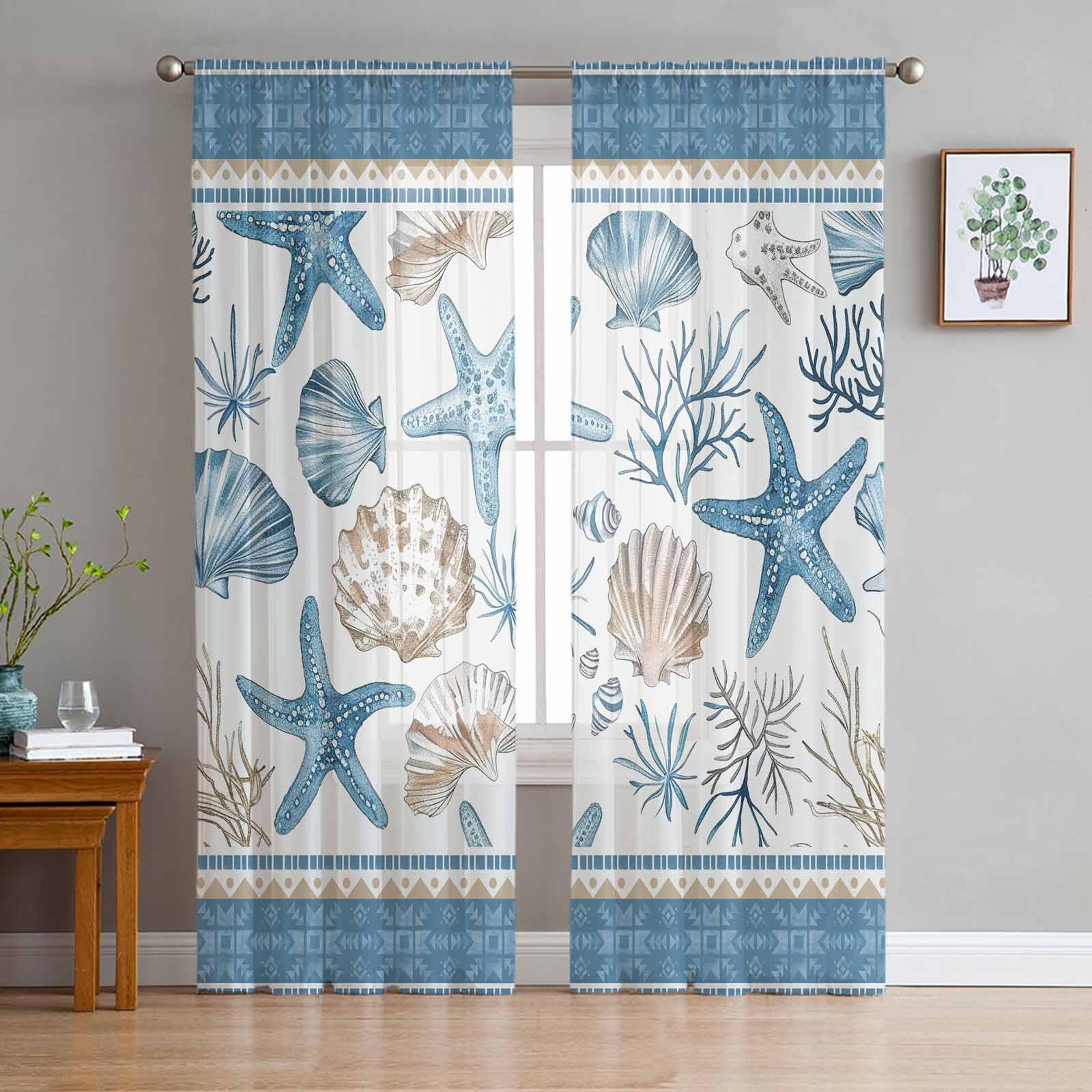 Blue Coastal Nautical Semi Sheer Curtains 72 Inch Length 2 Panels Set ...
