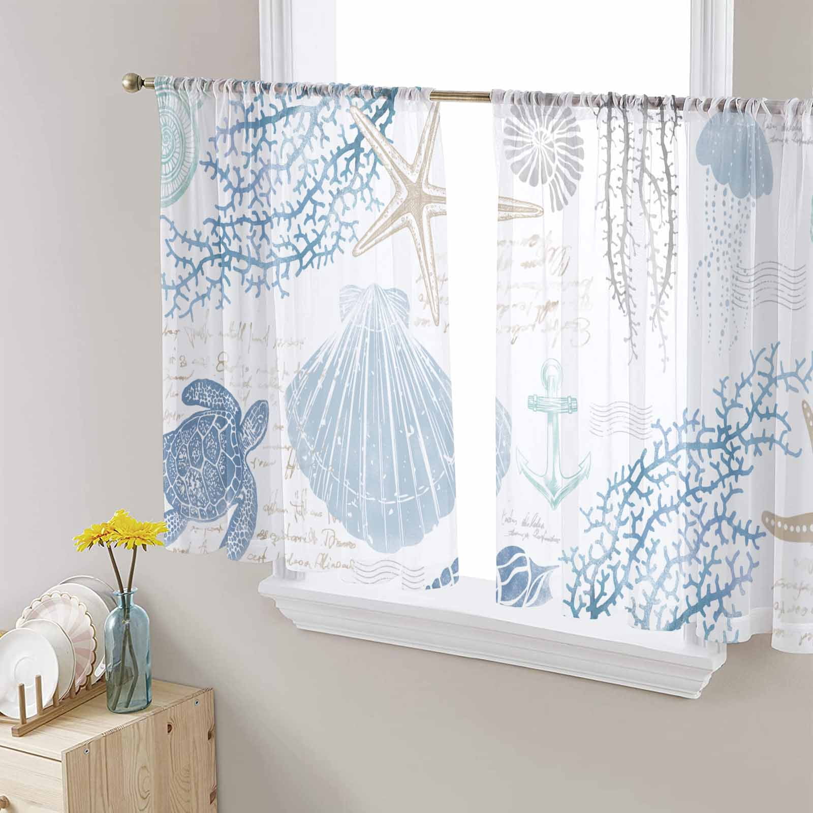 Blue Coastal Nautical Sheer Curtains 54 Inch Length 2 Panels Set for ...