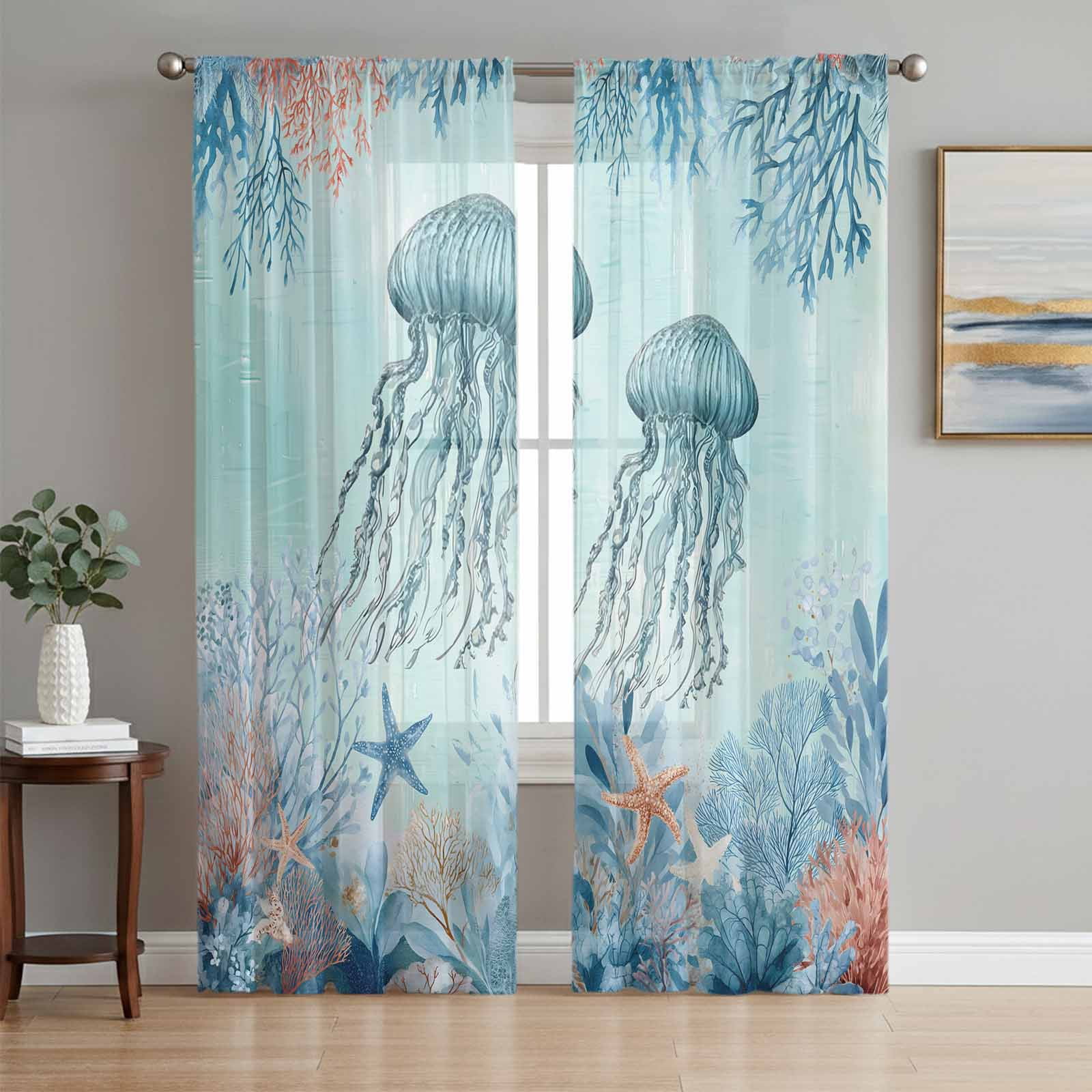 Blue Coastal Nautical Sheer Curtains 63 Inch Length 2 Panels Set Window ...