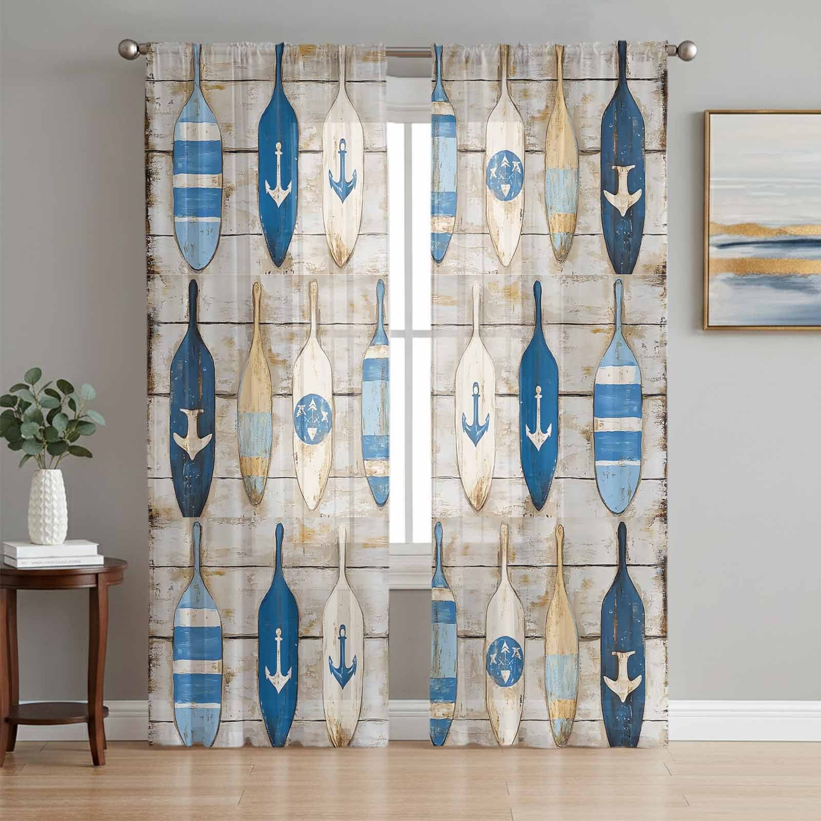 Blue Coastal Nautical Sheer Curtains 72 Inch Length 2 Panels Set ...