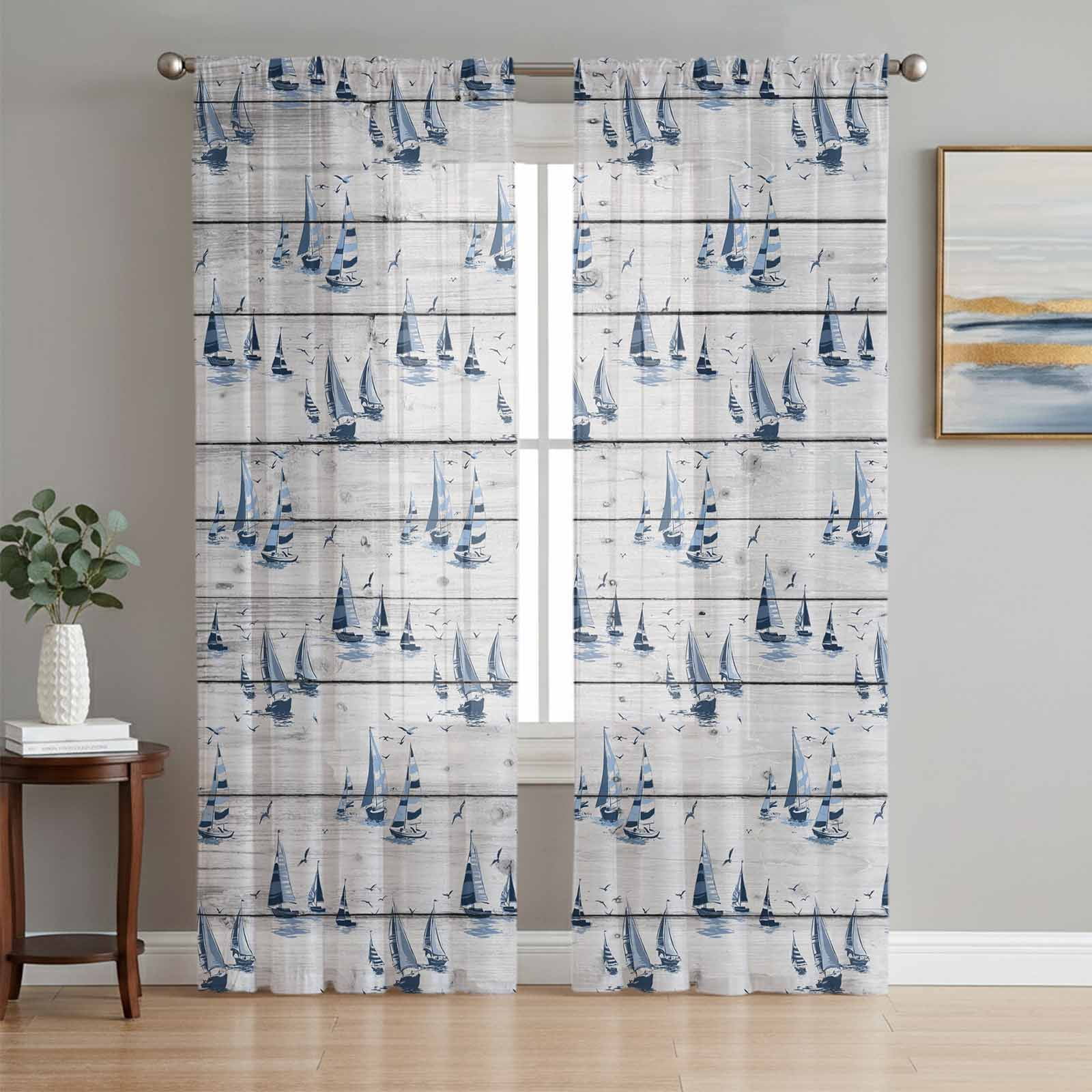 Blue Coastal Nautical Sheer Curtains 84 Inch Length 2 Panels Set ...
